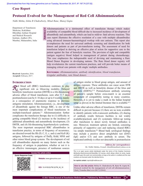 Pdf Protocol Evolved For The Management Of Red Cell Alloimmunization