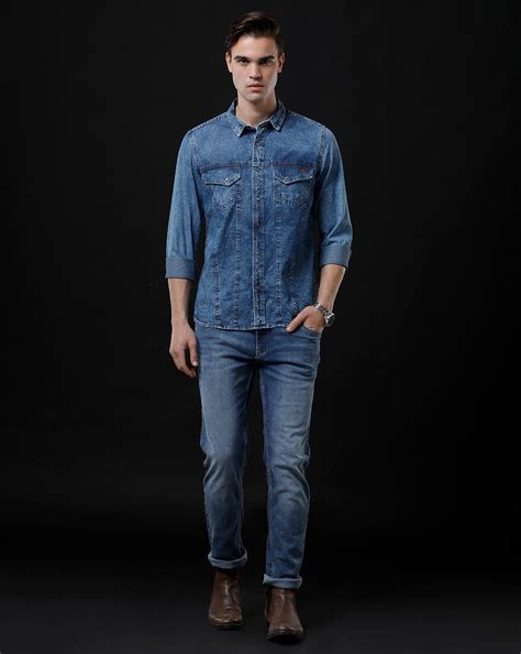 Mens Slim Fit Solid Denim Casual Shirt Aplit Temple Of Denim
