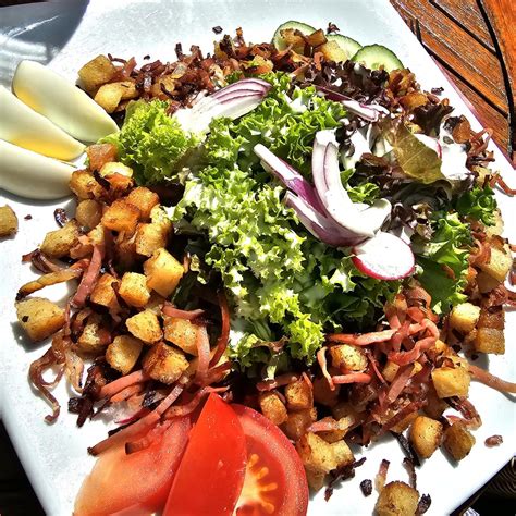 Pic 1 Mixed Salad With Fried Bacon Cubes And Croûtons ― Pic 2 Mixed