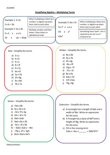 Simplifying Algebra Multiplying Terms Teaching Resources
