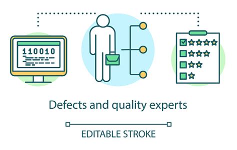 결함 및 품질 전문가 개념 아이콘입니다 It 아이디어 얇은 라인 그림을 흔들어 소프트웨어 테스트 프로세스 문제 및 문제를 나타냅니다 벡터 절연 윤곽선 도면 편집 가능한