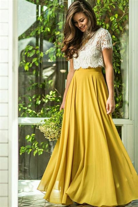 Amazing Outfits Yellow Maxi Skirts Prom Dresses Modest 2 Piece Lace