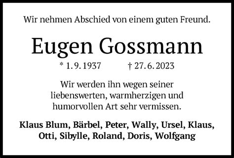 Traueranzeigen Von Eugen Gossmann Trauerop Onlinede