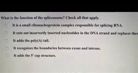 Get Answer What Is The Function Of The Spliceosome Check All That