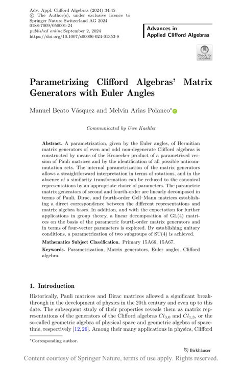 Parametrizing Clifford Algebras Matrix Generators With Euler Angles