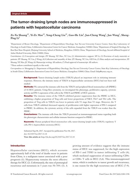 Pdf The Tumor Draining Lymph Nodes Are Immunosuppressed In Patients With Hepatocellular Carcinoma