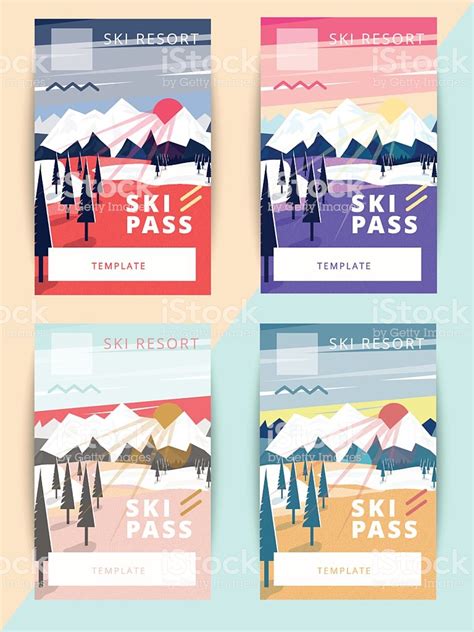 Set Of Vector Ski Pass Template Design Trendy Colorful Mountain
