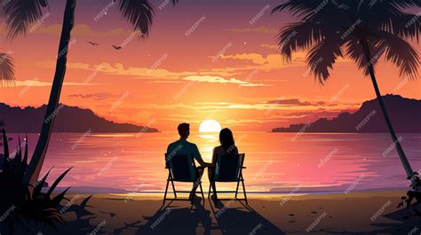 Premium Vector A Couple Sit On A Beach Watching The Sunset
