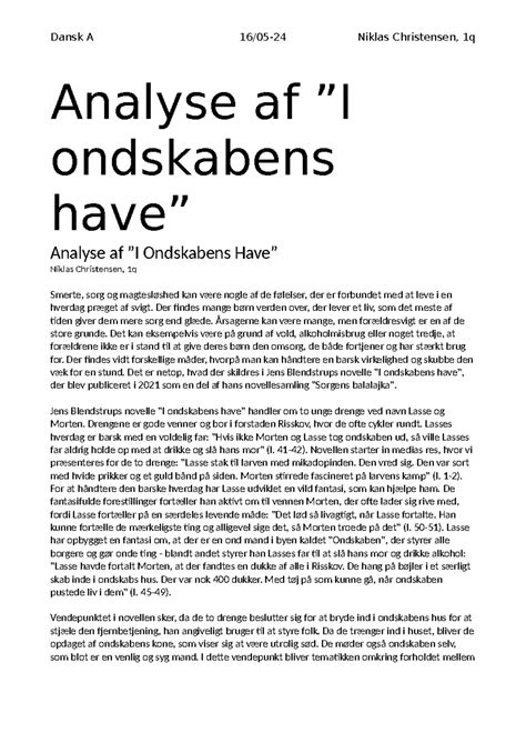 Analyse Af I Ondskabens Have Dansk A 1605 24 Niklas Christensen 1q