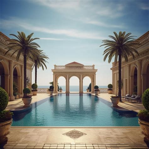 Una Piscina Con Palmeras Y Un Edificio Con Palmeras Al Fondo Foto