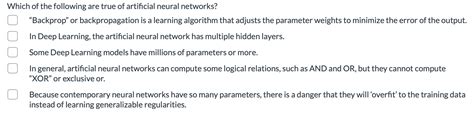 Solved Which Of The Following Are True Of Artificial Neural Chegg