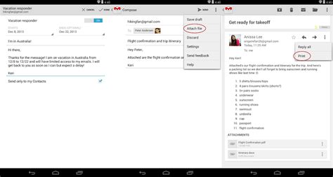 gmail on android gets a vacation responder printing on kitkat