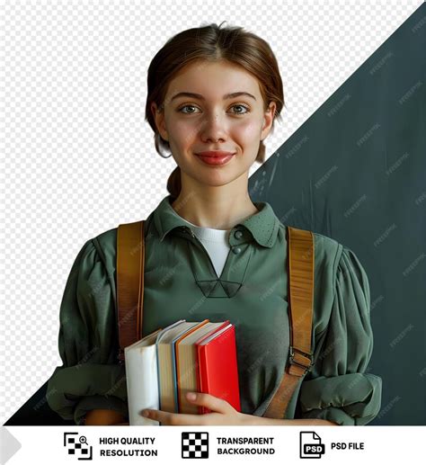 Premium Psd Potrait Pleased Holding Books Young Teacher Standing Front Of Blackboard Classroom