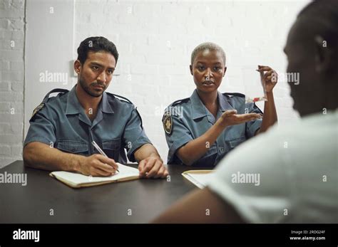 Police Writing And Criminal With Evidence For Interrogation Arrest Or
