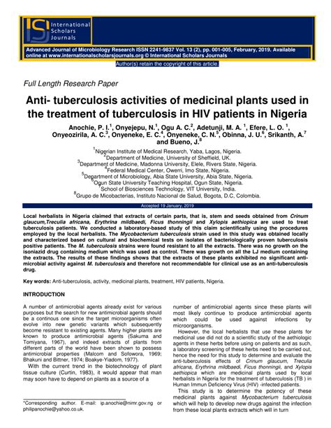 Pdf Anti Tuberculosis Activities Of Medicinal Plants Used In The