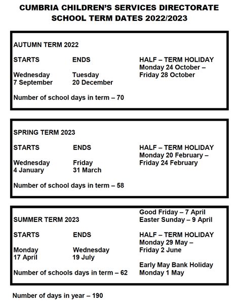 Term Dates Cumbria