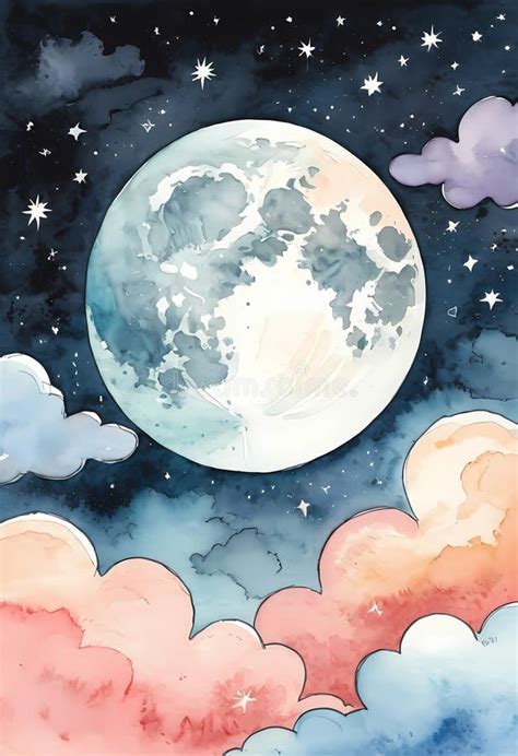 Watercolor Clouds Moon Stars Peaceful Night Sky Dreamy Scene Stock