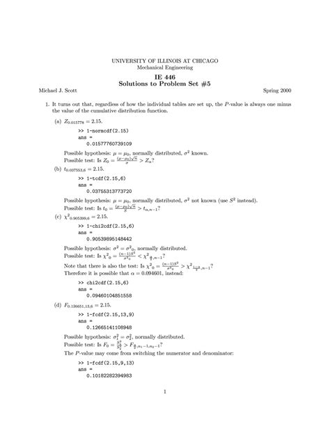 Solutions To Problem Set 5 Quality Control And Reliability Ie 446