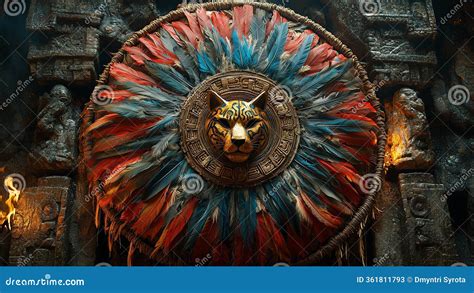 Ceremonial Aztec Chimalli Shield Hanging From A Carved Stone Wall Stock Illustration