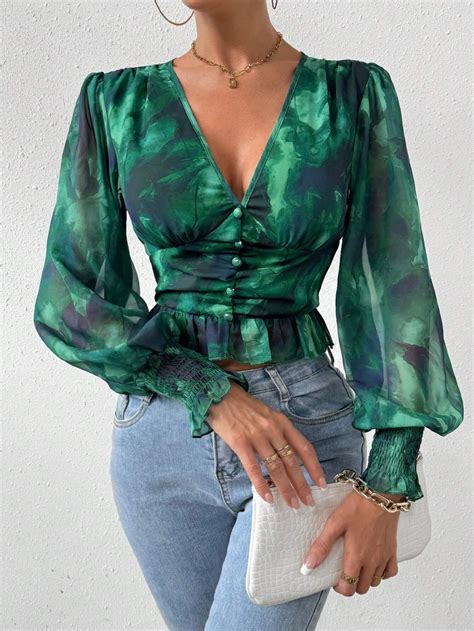 Green Abstract Print Tops For Fall Green Abstract Print Tops For