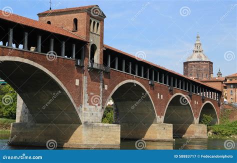 Old Covered Bridge Over The Ticino River In Pavia City In Italy Stock