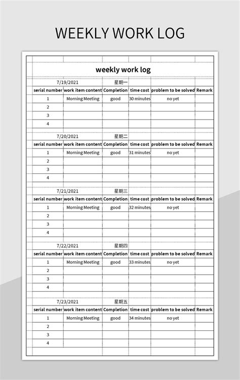 Weekly Work Log Excel Template And Google Sheets File For Free Download Slidesdocs