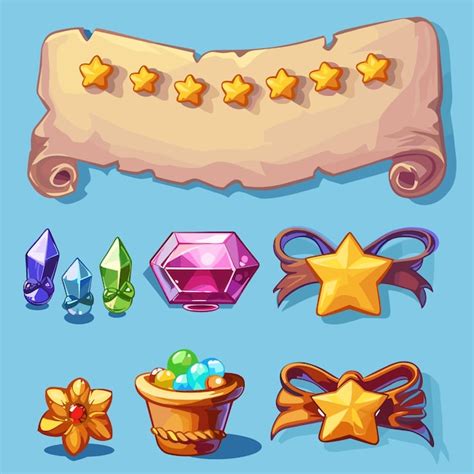 Cartoon Game Ui Assets Scroll Gems Stars And Ribbons Premium Ai Generated Vector