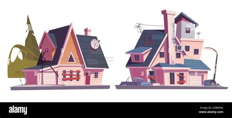 Cartoon Abandoned Suburban Houses With Boarded Windows And Damaged