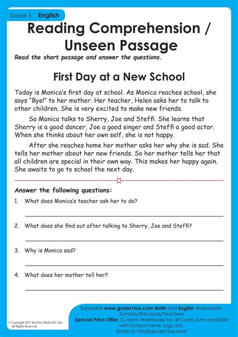 Reading Comprehension Unseen Passage Reading Comprehension Reading Comprehension Worksheets