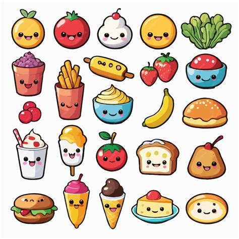 A Collection Of Kawaii Foods Cartoon Drawing Artwork Illustration