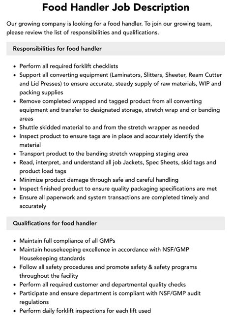 Food Handler Description Resume At Jamie Gibb Blog