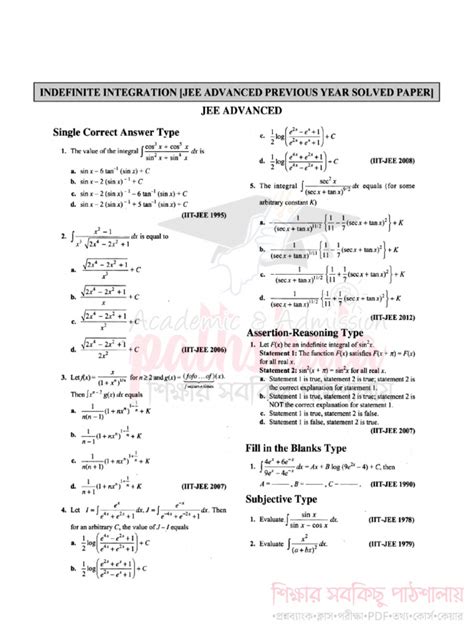 Indefinite Integration Jee Advanced Questions Pdf With Solutions 1 Pdf