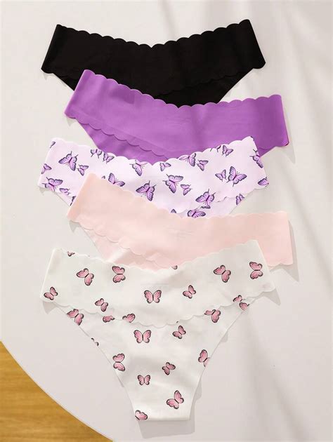 5 Piezas Set Bragas Con Estampado De Mariposa Ribete En Abanico