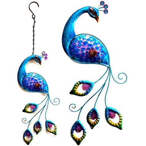 Blue Metal And Glass Peacock Wall Art Plaque Decor Hanging Sculpture For