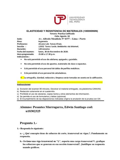 Practica Calificada De Elasticidad Y Resis De Materiales Pdf Doblar Mecánica De Medios