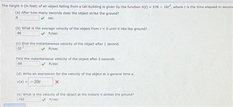 Solved The Height H In Feet Of An Object Falling From A Chegg