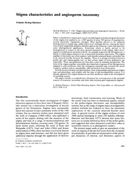 1981 Stigma Characteristics And Angiosperm Taxonomy Pdf Taxonomy