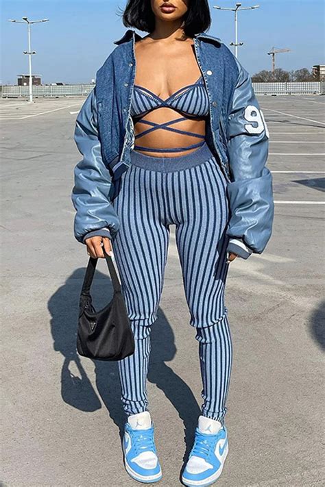 Wholesale Blue Sexy Striped Print Bandage Patchwork Spaghetti Strap