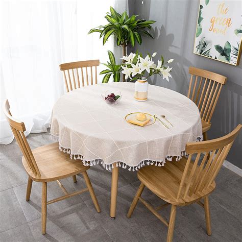 Meioro Round Tablecloths Striped Fringe Tablecloth Cotton Linen Table