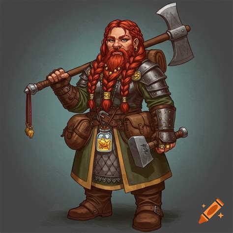 A Red Haired Dwarf Woman In Armor Holding An Axe And Hammer With A