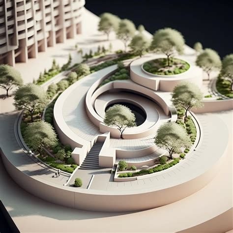 Um Modelo De Um Edifício Com Um Desenho Circular De árvores E Um Edifício Foto Premium