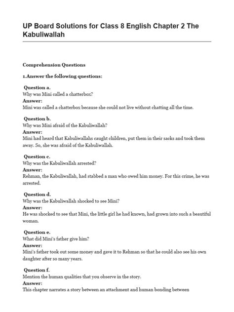 Kabuliwallah Class 8 English Solutions Pdf Part Of Speech Syntax