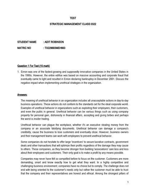 Answers Test Strategic Management Class 0322 Pdf Business