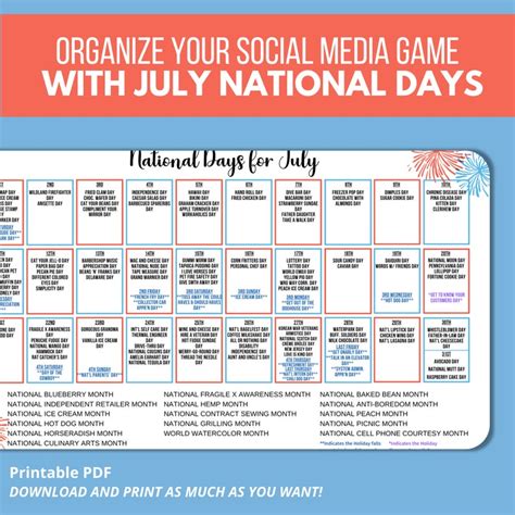 Printable July National Day Calendar Bulletin Board Social Media