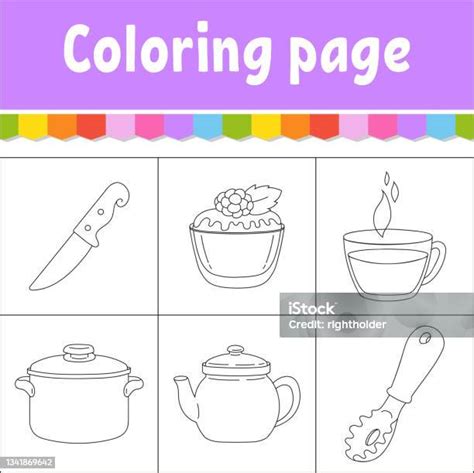 식기 테마 아이들을위한 색칠 공부 책 페이지 만화 스타일 흰색 배경에서 격리된 벡터 그림입니다 그릇에 대한 스톡 벡터 아트 및 기타 이미지 Istock