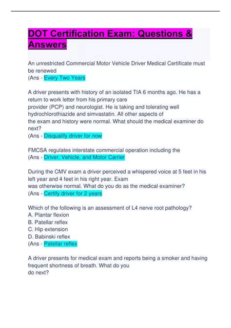 Dot Exam Dot Certification Exam Questions And Answers Guaranteed A