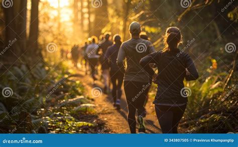 Group Of Diverse People Running Together On A Scenic Trail Through A