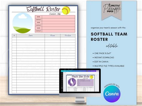 Editable Softball Roster Template Game Day Team Info Coach Planner