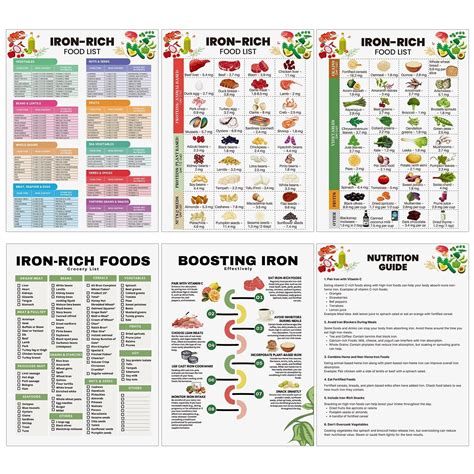 6 Pcs High Iron Food List Poster Iron Rich Foods Chart Nutritional Eating Guide Patient