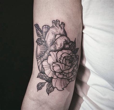 Realistic Heart And Rose Tattoo